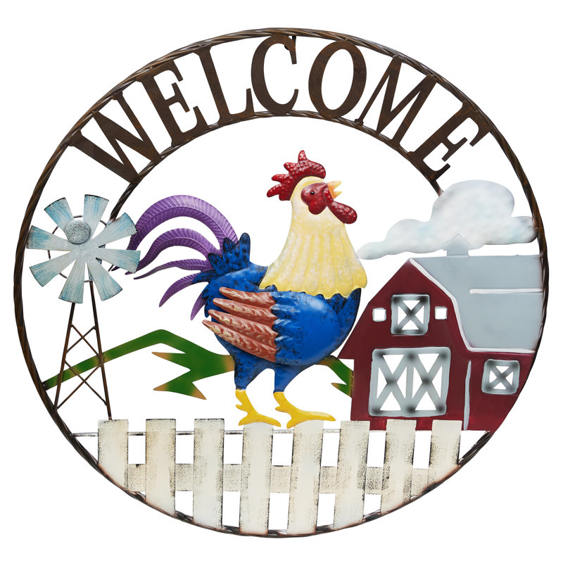 Alpine 30"H Large Round Rooster and Farm Welcome Wall Sign | Wayfair